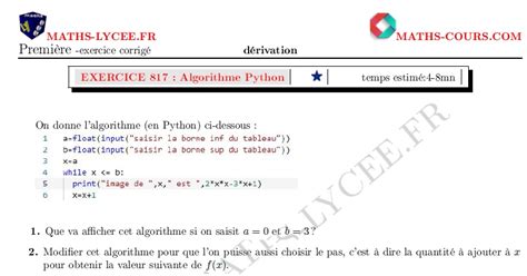 MATHS LYCEE FR exercice corrigé maths première spécialité Algorithme Python et fonctions