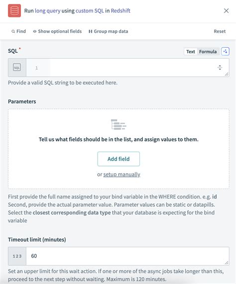 workato connectors redshift run long query custom sql action