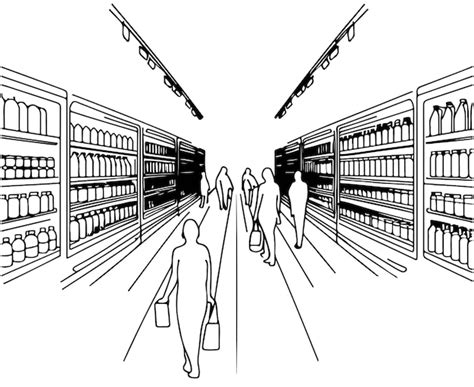 슈퍼마켓 내부 스케치 라인 아트 프리미엄 벡터
