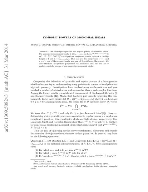 Pdf Symbolic Powers Of Monomial Ideals