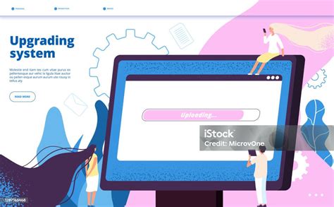 시스템을 업그레이드합니다 업그레이드 시스템 웹 사이트 업데이트 컴퓨터 노트북 소프트웨어 Pc 유지 보수 벡터 방문 페이지 작은 남자와 개발에 대한 스톡 벡터 아트 및 기타