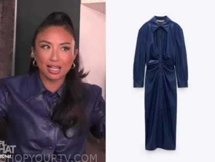The Real September 2020 Jeannie Mais Navy Blue Leather Shirt Dress