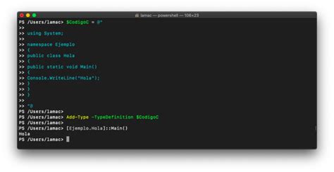 Ejecutar código en C desde PowerShell en macOS utilizando la directiva using y espacio de