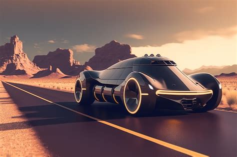 자동차가 도시 측면 뷰를 통해 운전하고 있습니다 스포츠카 미래형 자율 차량 Hud 자동차 Generative Ai 프리미엄 사진