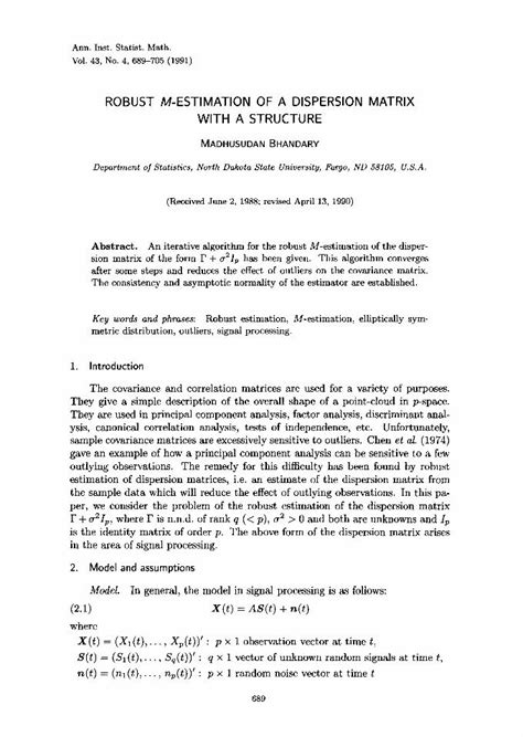 Pdf Robust M Estimation Of A Dispersion Matrix With A Structure