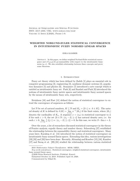 Pdf Weighted Norlund Euler Statistical Convergence In Intuitionistic Fuzzy Normed Linear Spaces