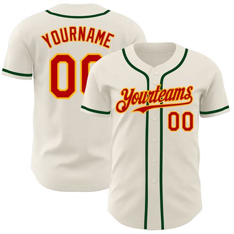 Custom Cream Baseball Jersey Red Gold Green Authentic Fansidea