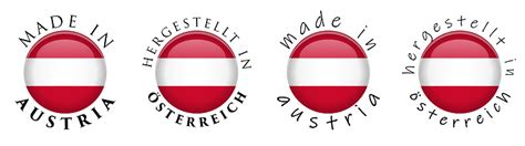 오스트리아에서 간단한 제작 Hergestellt Osterreich 3d에서 버튼 기호 오스트리아 플래그로 서클 주위 텍스트입니다 품위와 캐주얼 글꼴 버전입니다 3차원