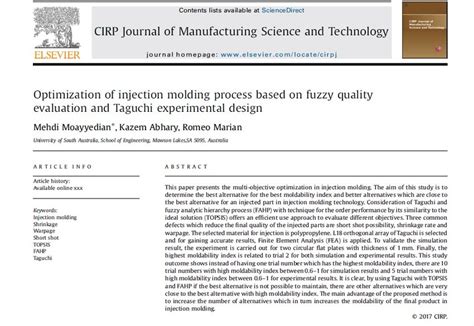(PDF) Optimization of injection molding process based on fuzzy quality evaluation and Taguchi ...