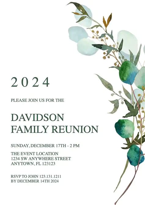 녹색 유칼립투스 가지 무료 가족 모임 초대장 템플릿 Invitanku