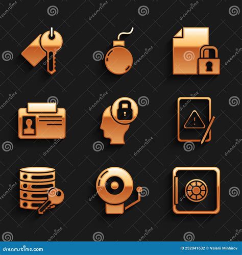 Set Human Head With Lock Ringing Alarm Bell Safe Tablet Exclamation Mark Server Security Key