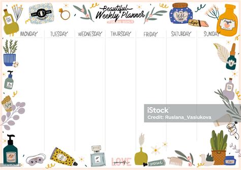 주간 또는 일일 플래너 노트 종이 할 목록 귀여운 아름다움 화장품 일러스트와 트렌디 한 레터링으로 장식 스티커 템플릿의 컬렉션