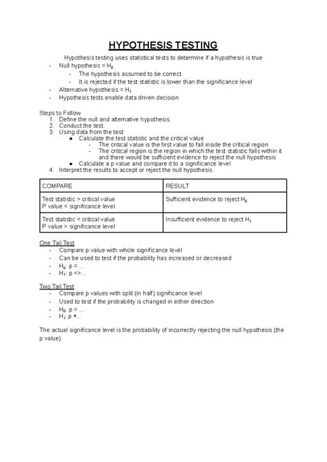 Hypothesis Testing Cheat Sheet For Statistical Analysis Studocu
