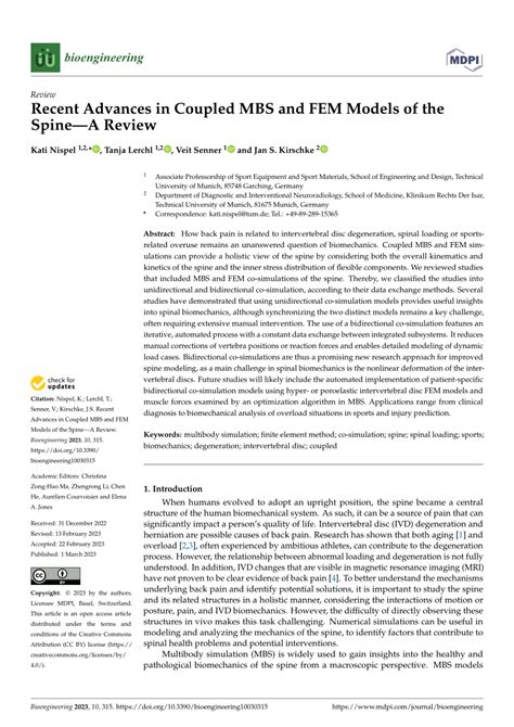 pdf recent advances in coupled mbs and fem models of the spine—a review