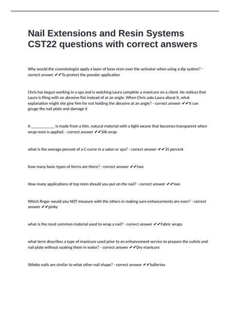 Nail Extensions And Resin Systems Cst22 Questions With Correct Answers