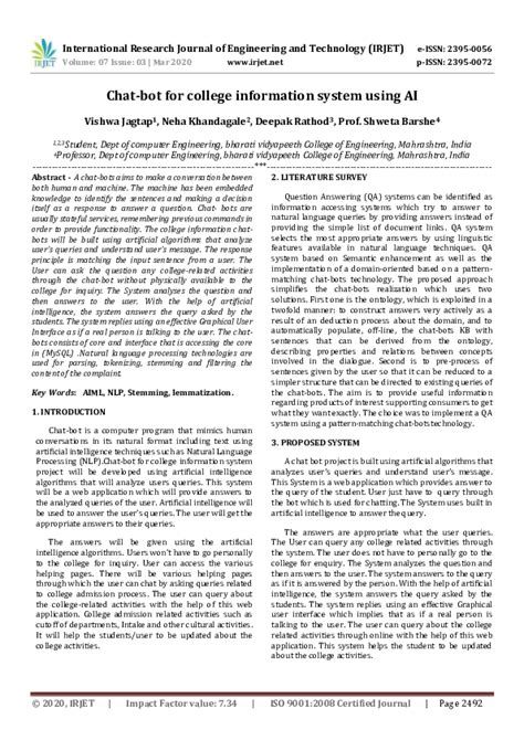 Pdf Irjet Chat Bot For College Information System Using Ai