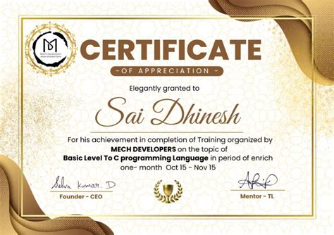 Completed C Programming Training By Mech Developers Sai Dhinesh