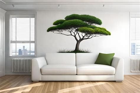 Premium Photo A Living Room With A Tree On The Wall