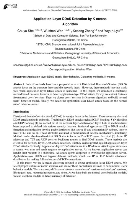 Pdf Application Layer Ddos Detection By K Means Algorithm
