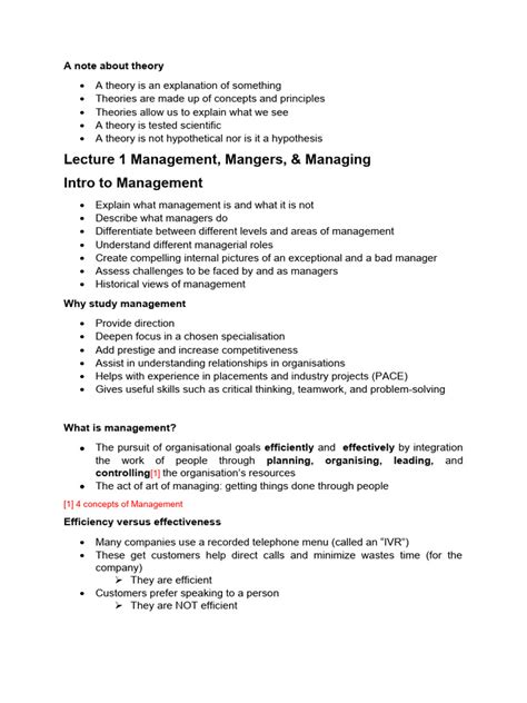 Lecture 1 Management Managers And Managing Part 1 Pdf Theory Cognitive Science