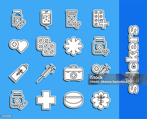 세트 라인 응급 스타 의료 기호 Caduceus 뱀 스틱 의료 주사기 바늘 약 병 및 알약 알약 물집 팩 심장 십자가 및 십자가 병원 아이콘 벡터 1위에 대한 스톡 벡터