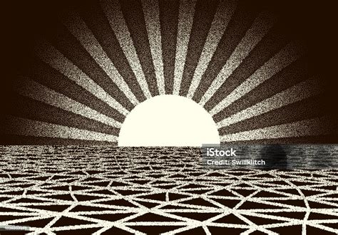 80 년대 스타일의 태양 광선 레이저 그리드와 오래된 공상 과학 책이나 포스터에서 별 배경으로 복고풍 도트 워크 풍경 환상의 세계에 대한 스톡 벡터 아트 및 기타 이미지