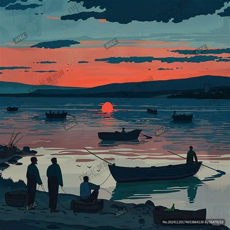 Ai创作图渔民插画 渔家场景 垂钓插画 海滨垂钓场景 渔民场景 渔船包装插画 小船渔夫傍晚波光 渔船插画 夕阳下泛舟 小船游人落日 渔夫插画