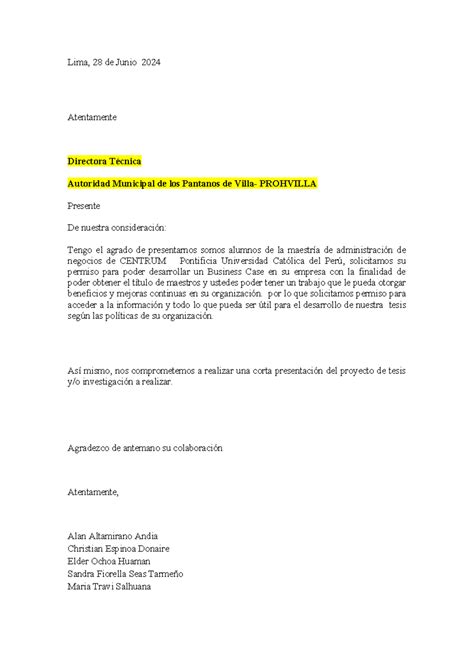 Carta Permiso Tesis Lima 28 De Junio 2024 Atentamente Directora