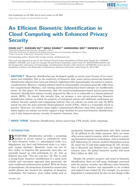 Pdf An Efficient Biometric Identification In Cloud Computing With
