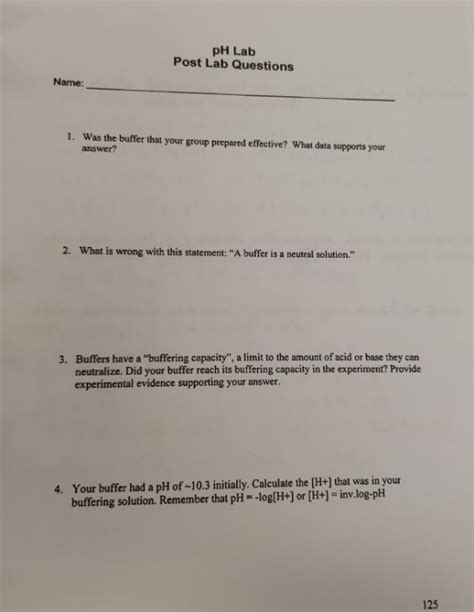 Ph Lab Post Lab Questions Name 1 Was The Buffer That Your Group