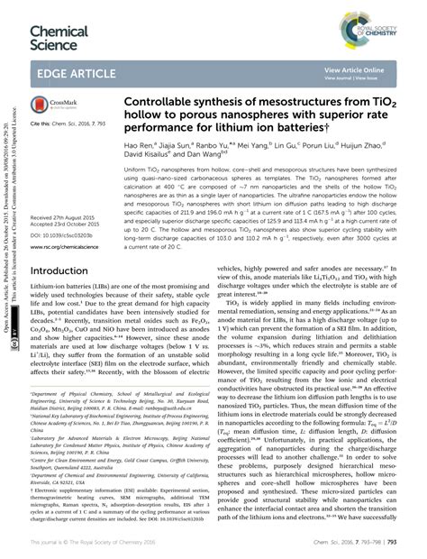Pdf Controllable Synthesis Of Mesostructures From Tio 2 Hollow To