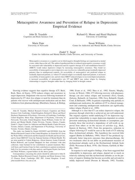 Pdf Metacognitive Awareness And Prevention Of Relapse In Depression Empirical Evidence