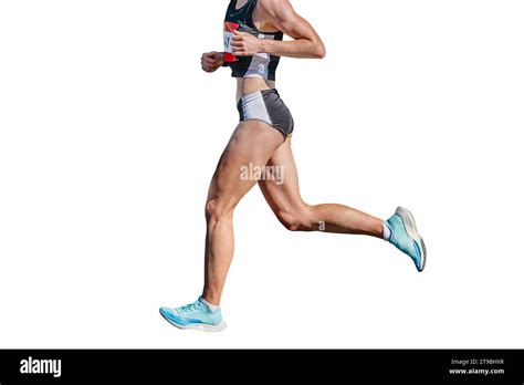 Side View Female Runner Athlete Running City Marathon Race Isolated On White Background Stock