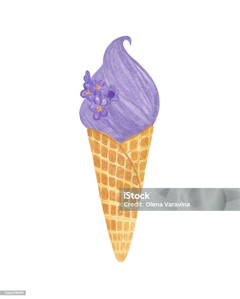 라벤더 꽃 아이스크림 와플 콘 수채화 달콤한 디저트 손 그린 음식 일러스트 는 여름 메뉴 또는 휴일 디자인 초대 여행 기사 프랑스 프로방스 기호 아이스크림에 대한 스톡 벡터