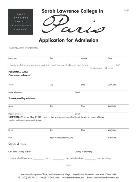 Paris Sarah Lawrence College In Slc Application For Admission Please Type Print Or Write