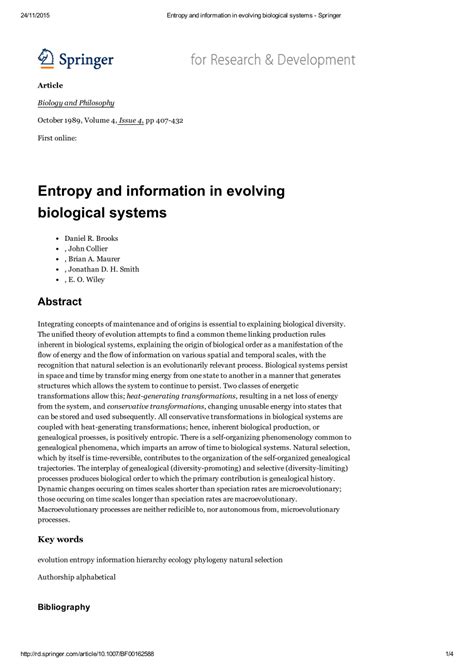 Pdf Entropy And Information In Evolving Biological Systems
