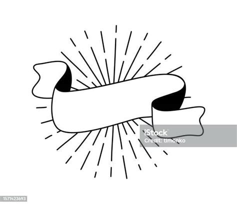 태양 광선이 있는 검은색 모노라인 리본 라인 배너 아이콘 웹 디자인 요소 손으로 그린 벡터 그림입니다 비즈니스 인사말 카드 및 휴일 복사 공간을 위한 텍스트를 위한 장소