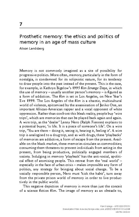 Prosthetic Memory Elizabeth Jelin 7 Prosthetic Memory The Ethics And Politics Of Memory In