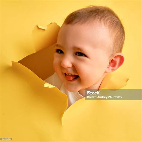행복한 아이는 스튜디오 노란색 배경의 구멍에서 밖을 바라 봅니다 미소 짓는 아기 소년은 찢어진 종이 배경을 들여다 보며 공간을 복사합니다 어린이 나이 일년 12 17 개월에