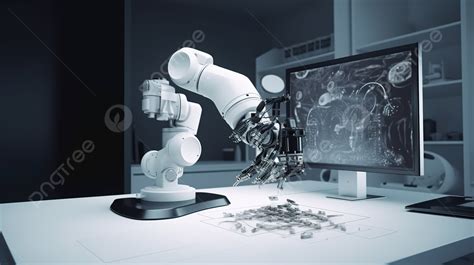 3d 렌더에서 현미경으로 작업하는 표시된 로봇을 모니터링합니다 실험실 기술자 실험실 과학자 연구실 배경 일러스트 및 사진