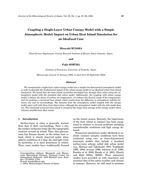 Pdf Coupling A Single Layer Urban Canopy Model With A Simple Atmospheric Model Impact On