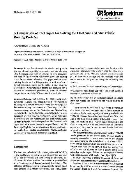 Pdf A Comparison Of Techniques For Solving The Fleet Size And Mix Vehicle Routing Problem