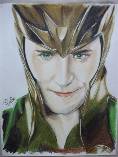 A Drawing Of Loki From The Avengers Movie With Green Eyes And Gold Headdress