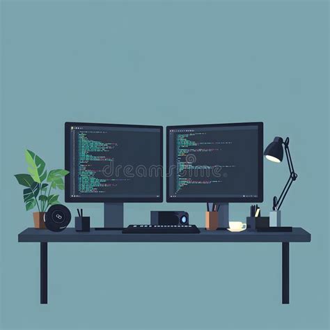 Flat Design Of A Programmer S Workspace With Dual Monitors Stock Illustration Illustration Of