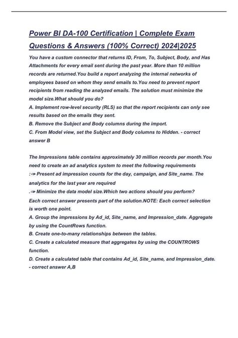 Power Bi Da 100 Certification Complete Exam Questions And Answers 100 Correct Pdf Mcp