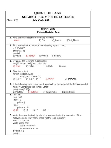 Question Bank Subject Computer Science Class Xii Sub Code 083