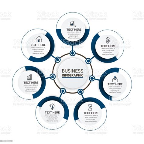 선형 아이콘이 있는 벡터 인포그래픽 요소와 원 주위에 배치된 텍스트 배치위치입니다 인포그래픽 디자인 템플릿입니다 벡터 그림입니다 개념에 대한 스톡 벡터 아트 및 기타 이미지