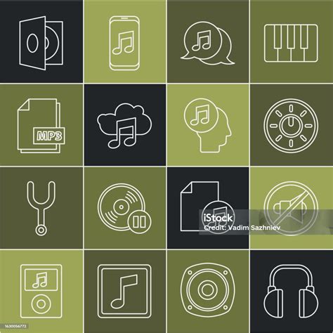 라인 헤드폰 스피커 음소거 다이얼 노브 레벨 기술 설정 음표 말풍선 스트리밍 서비스 Mp3 파일 문서 비닐 디스크 및 사람 머리 아이콘이 있는 비닐 플레이어를 설정합니다
