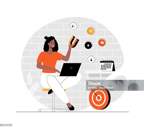 디지털 마케팅 전략 소셜 미디어에서 좋아요 팔로워 고객 피드백을 유치하기 위해 자석을 들고 있는 여성 제품 및 트렌드 홍보를 위한 서비스 평면 디자인의 사람들 장면이 있는