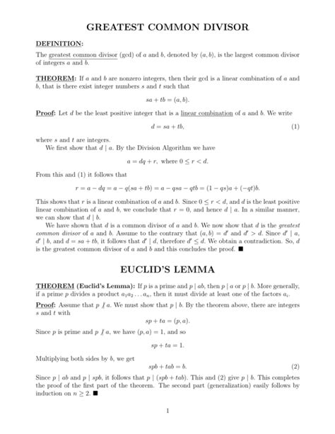 GCD Euclid S Lemma Euclidean Algorithm Notes